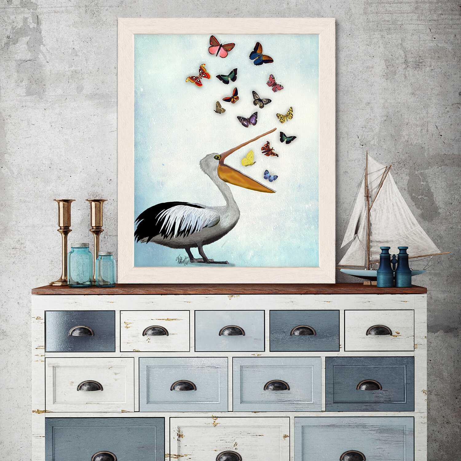 Pelican & Butterflies Pelican Print Nautical Print Sea Picture | Etsy