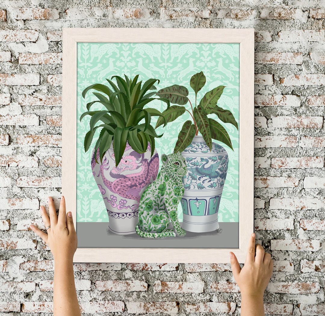 Leopard Chinoiserie Print , Colourful Oriental Print of Porcelain ...