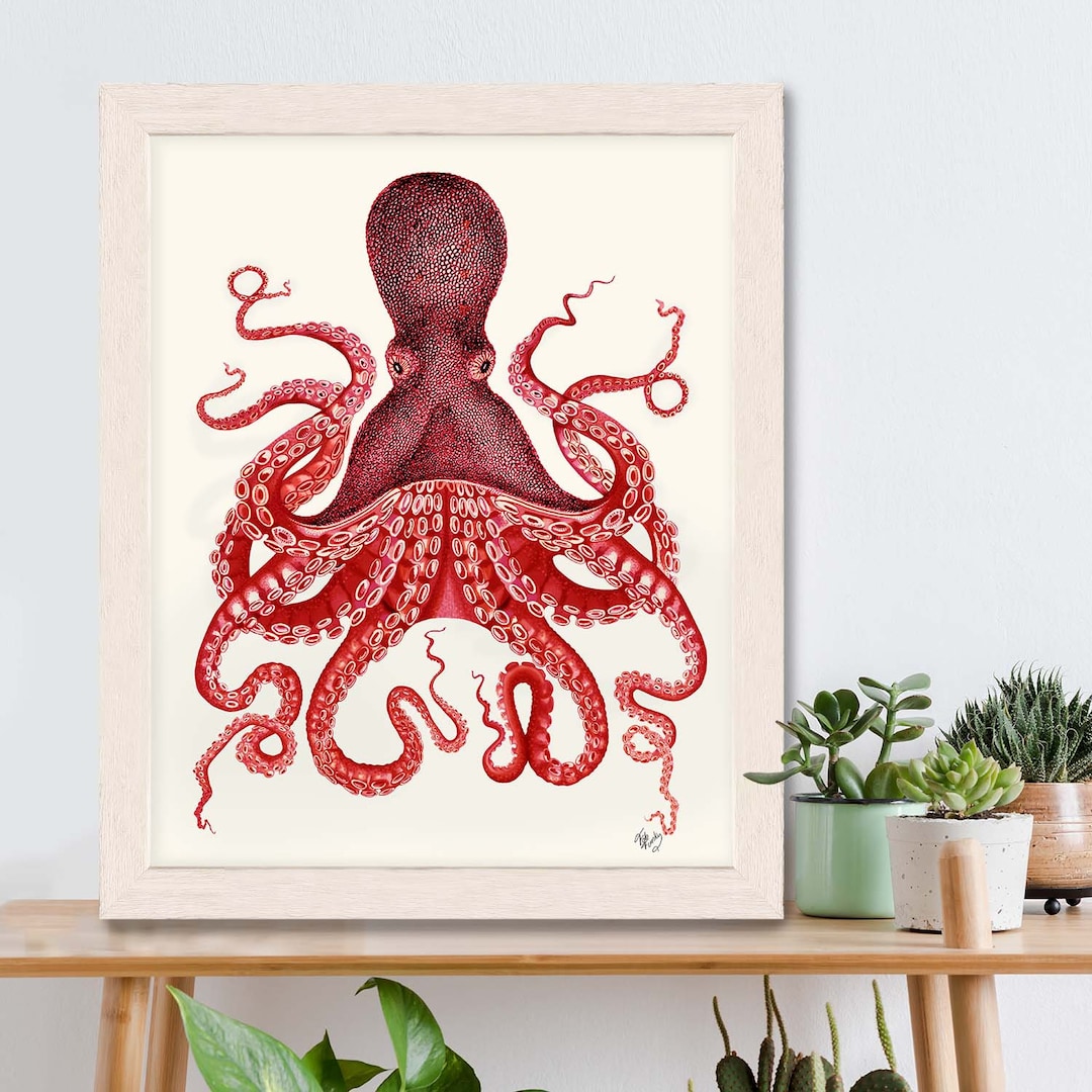 Octopus Print Red Octopus 3, Octopus Illustration Kraken Print Octopus ...