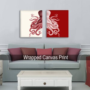 Red Octopus Prints Set 2, Nautical Print Beach Decor Bathroom Decor ...
