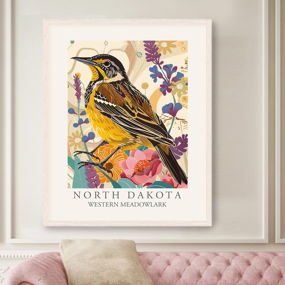 Western Meadowlark North Dakota State Bird Print, Modern Abstract Style ...