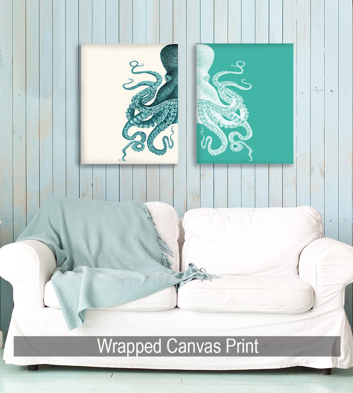 Octopus Prints Turquoise & cream Set of 2 Octopus art | Etsy