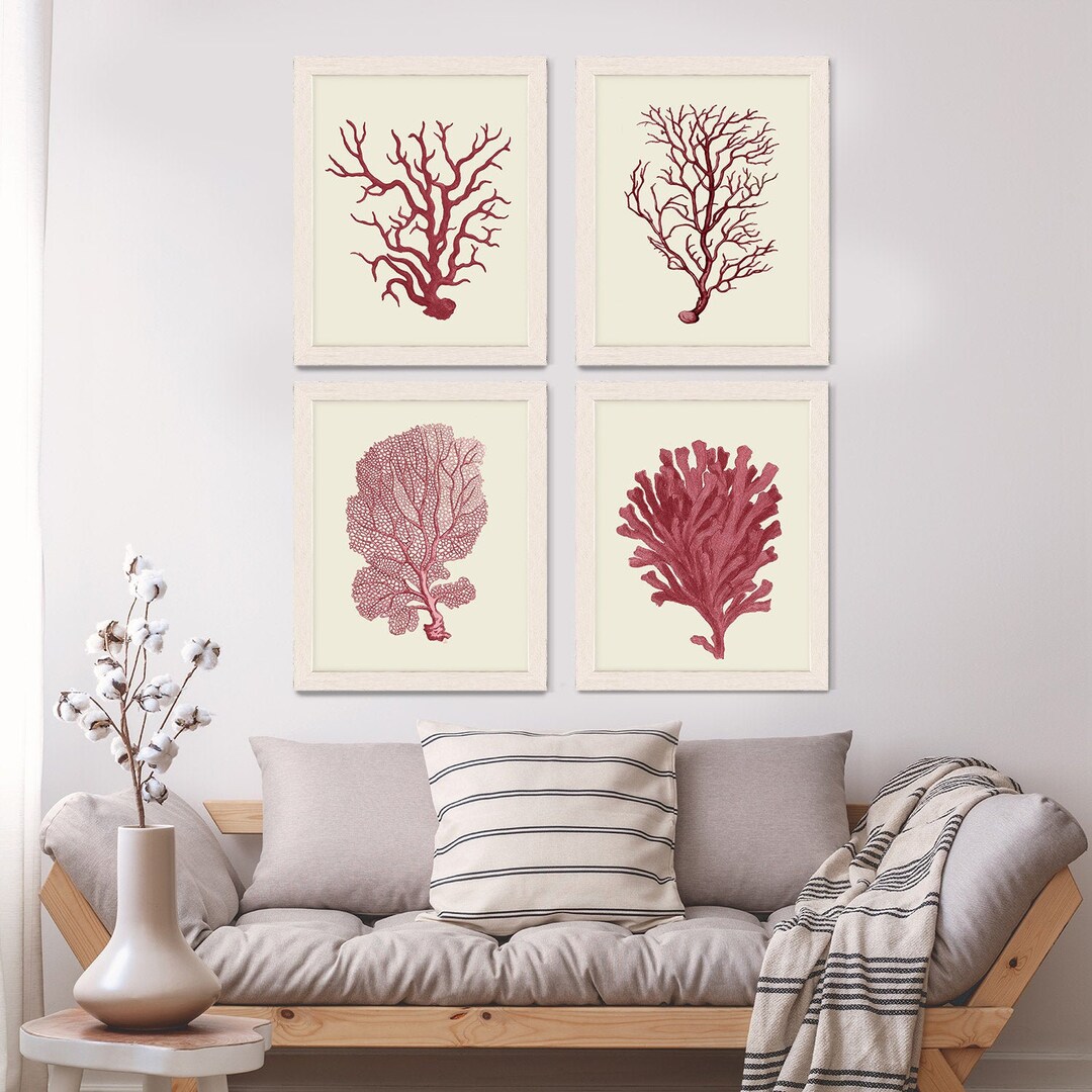Coral Prints, Coral/cream Set of 4 - Nautical Print Art Digital ...