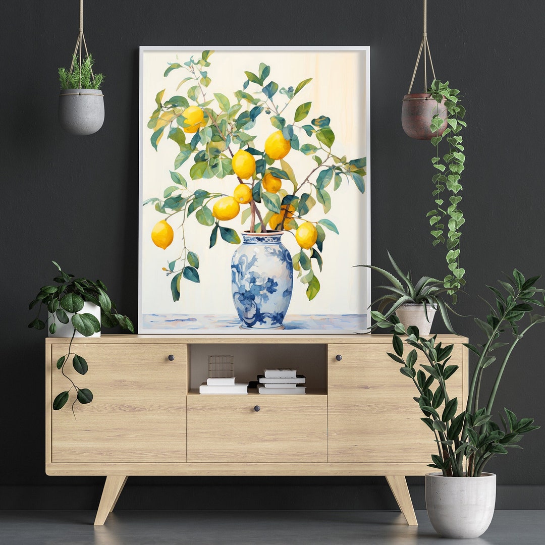 Lemon Tree in Blue and White Chinoiserie Vase Citrus Fruit Painting for ...
