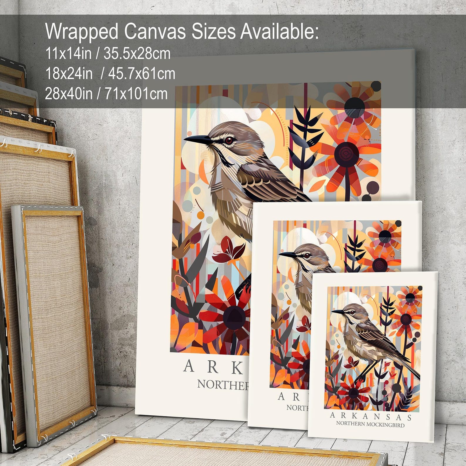 Northern Mockingbird Arkansas State Bird Print, Modern Abstract Style ...