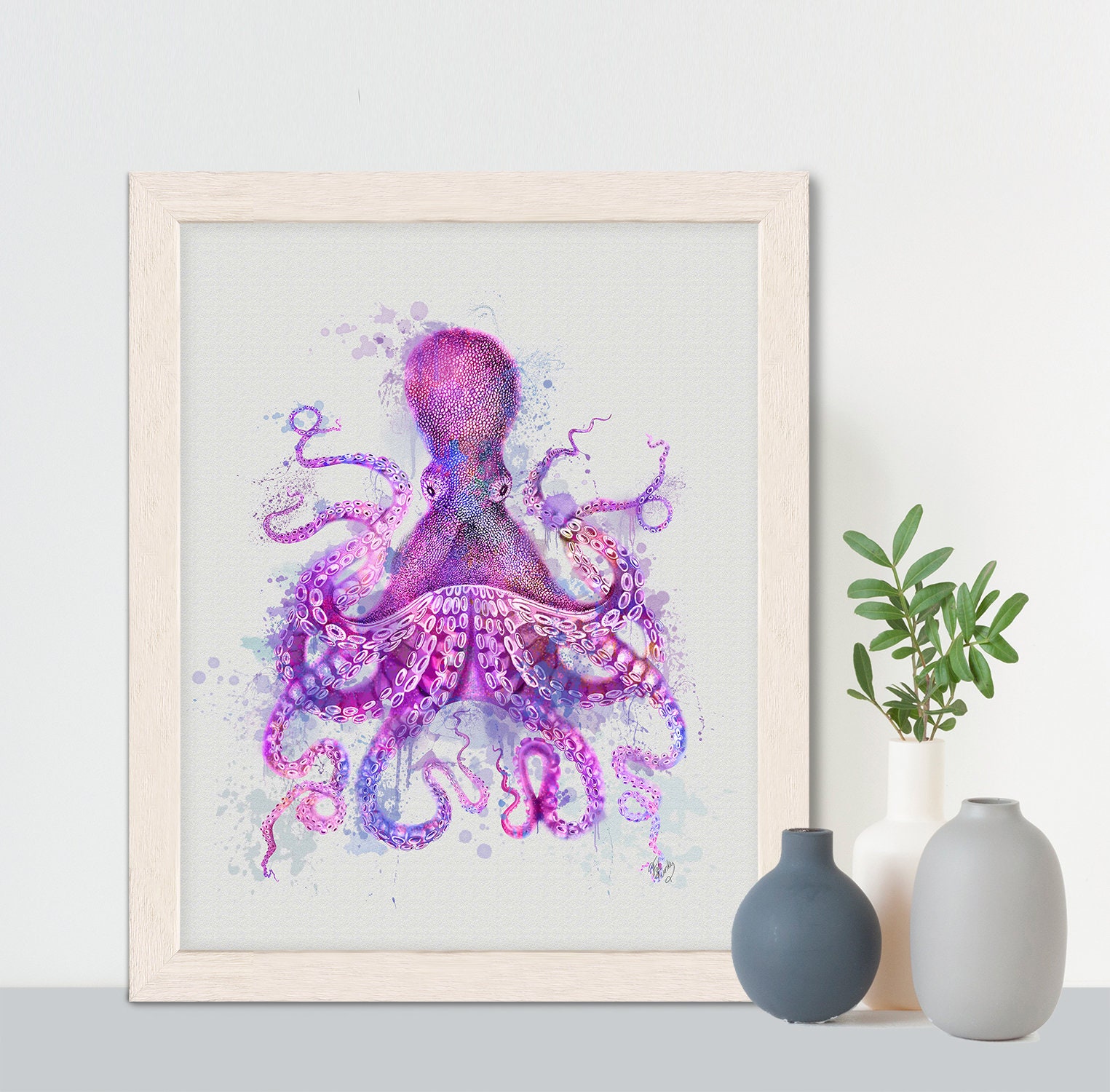 Fantasy art Octopus pink watercolor print Fantasy painting | Etsy