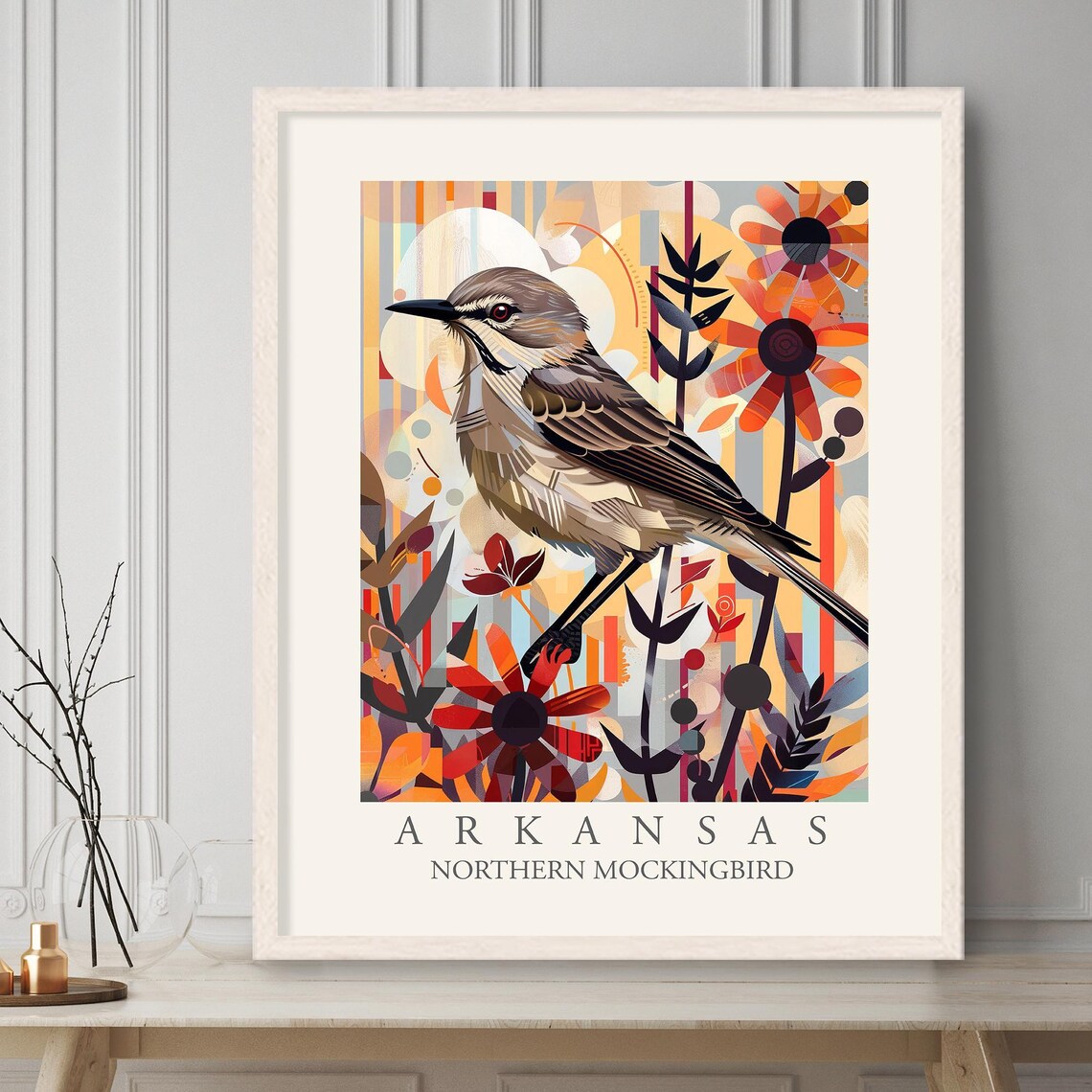 Northern Mockingbird Arkansas State Bird Print, Modern Abstract Style ...