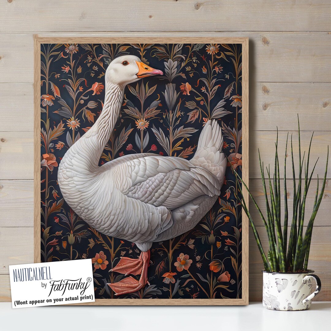 White Goose Illustration, Art Nouveau Geese Art Print, Large Vintage ...