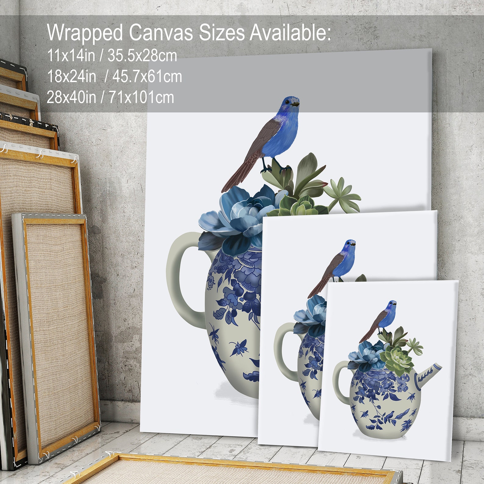 Blue Bird Chinoiserie Print, Blue and White Floral Chinese Jug Filled ...
