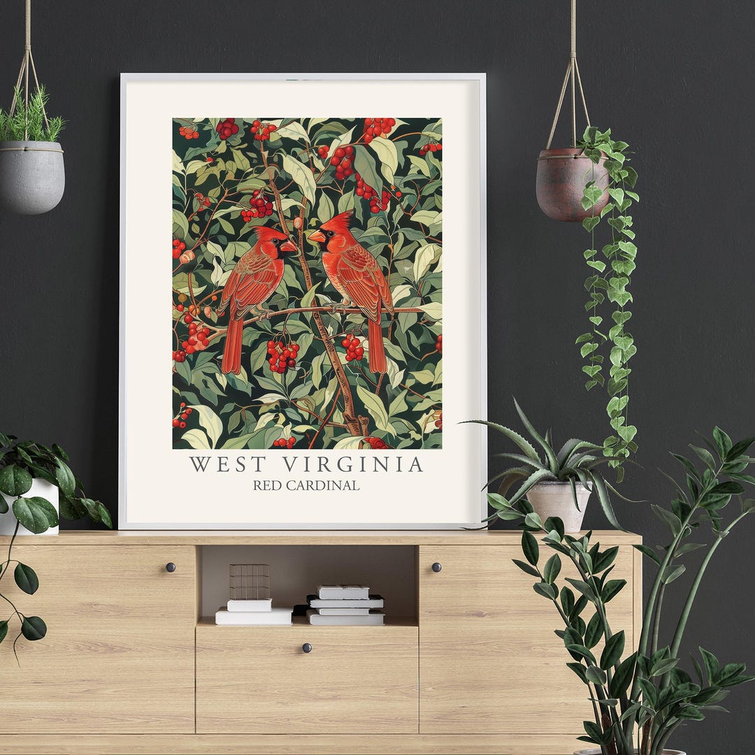 Red Cardinal West Virginia State Bird Art Print, William Morris Style ...