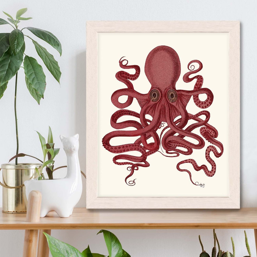Red Octopus Print - Octopus Print 9 Nautical Home Decor Octopus Wall ...