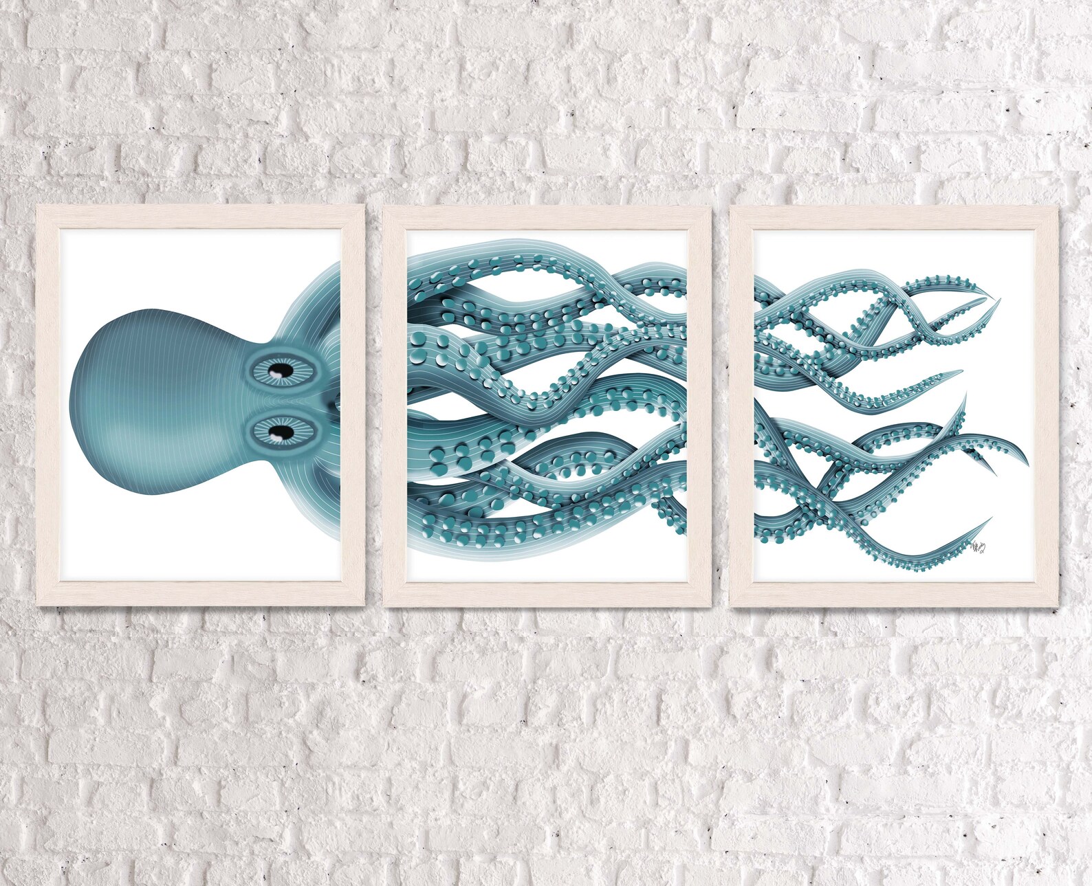 Giant Octopus Print Aqua Octopus Triptych Set of 3 Octopus | Etsy