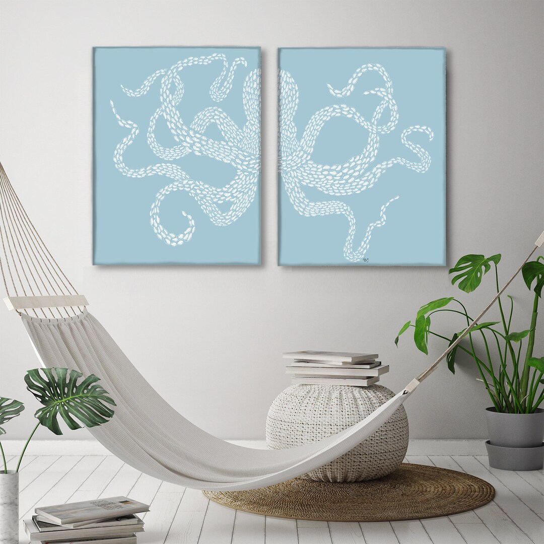 Octopus Diptych Art, Little Fish Print, Blue Bathroom Art, Large Canvas ...