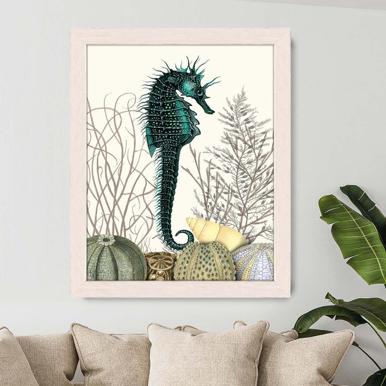 Seahorse Print Seahorse & Sea Urchins Nautical Print Beach | Etsy