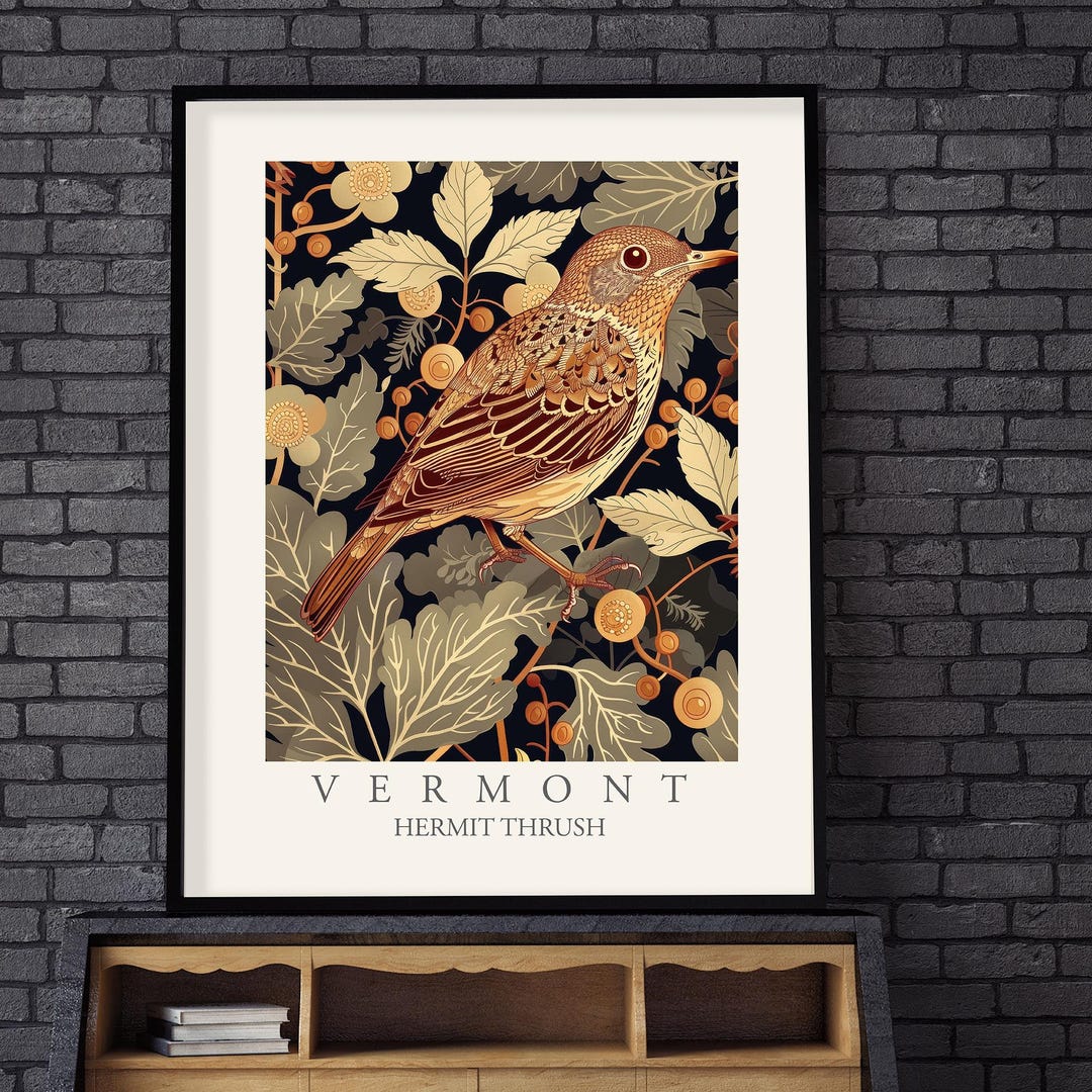 Hermit Thrush Vermont State Bird Art Print, William Morris Style Floral ...