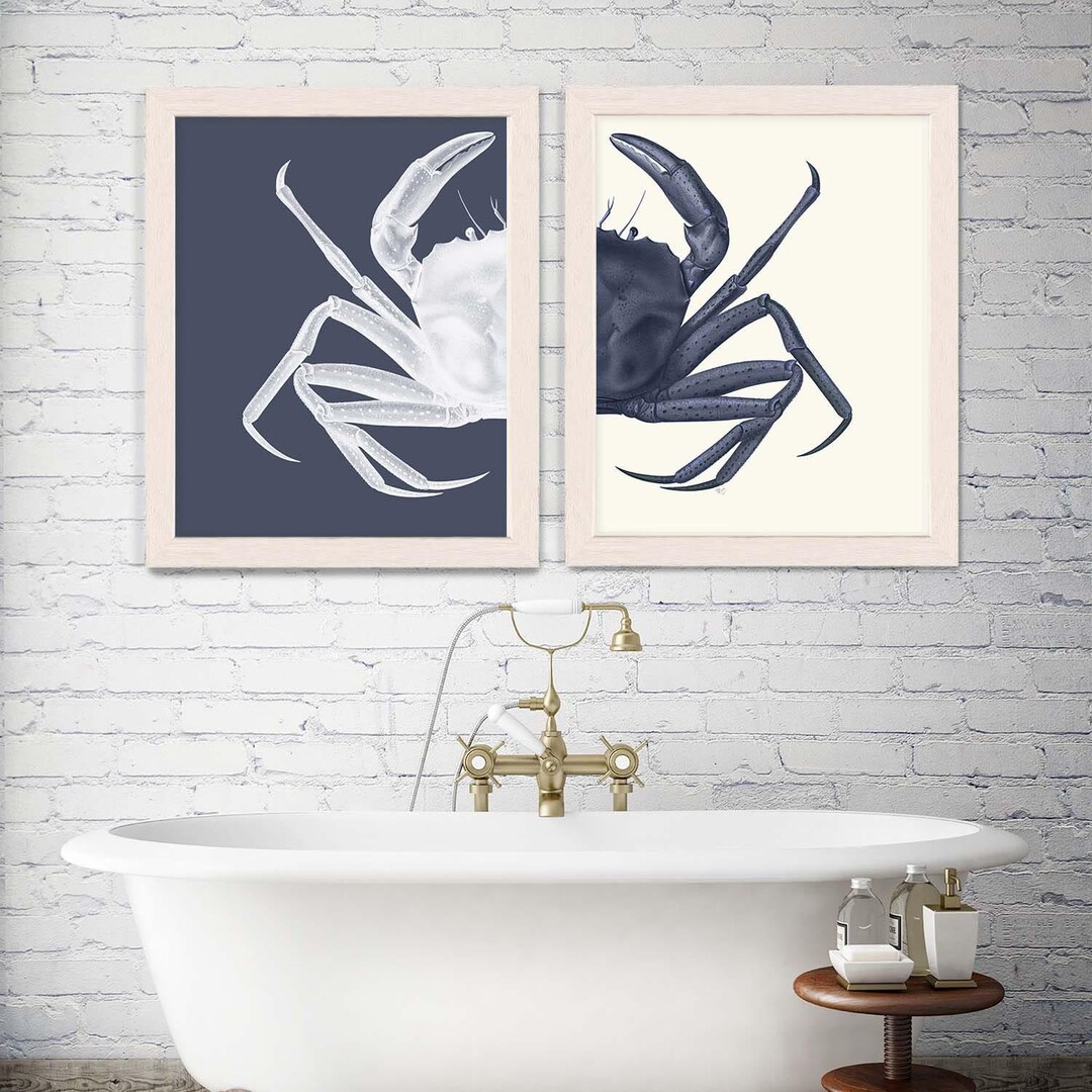 Set of 2 Indigo Blue Crab Art Prints, Nautical Art Prints, Kitchen or ...