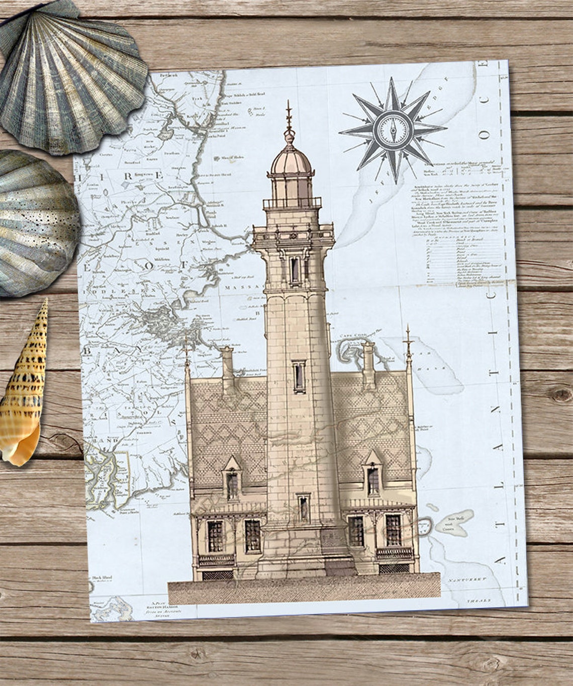 Lighthouse print Lighthouse & House on Nautical Map | Etsy