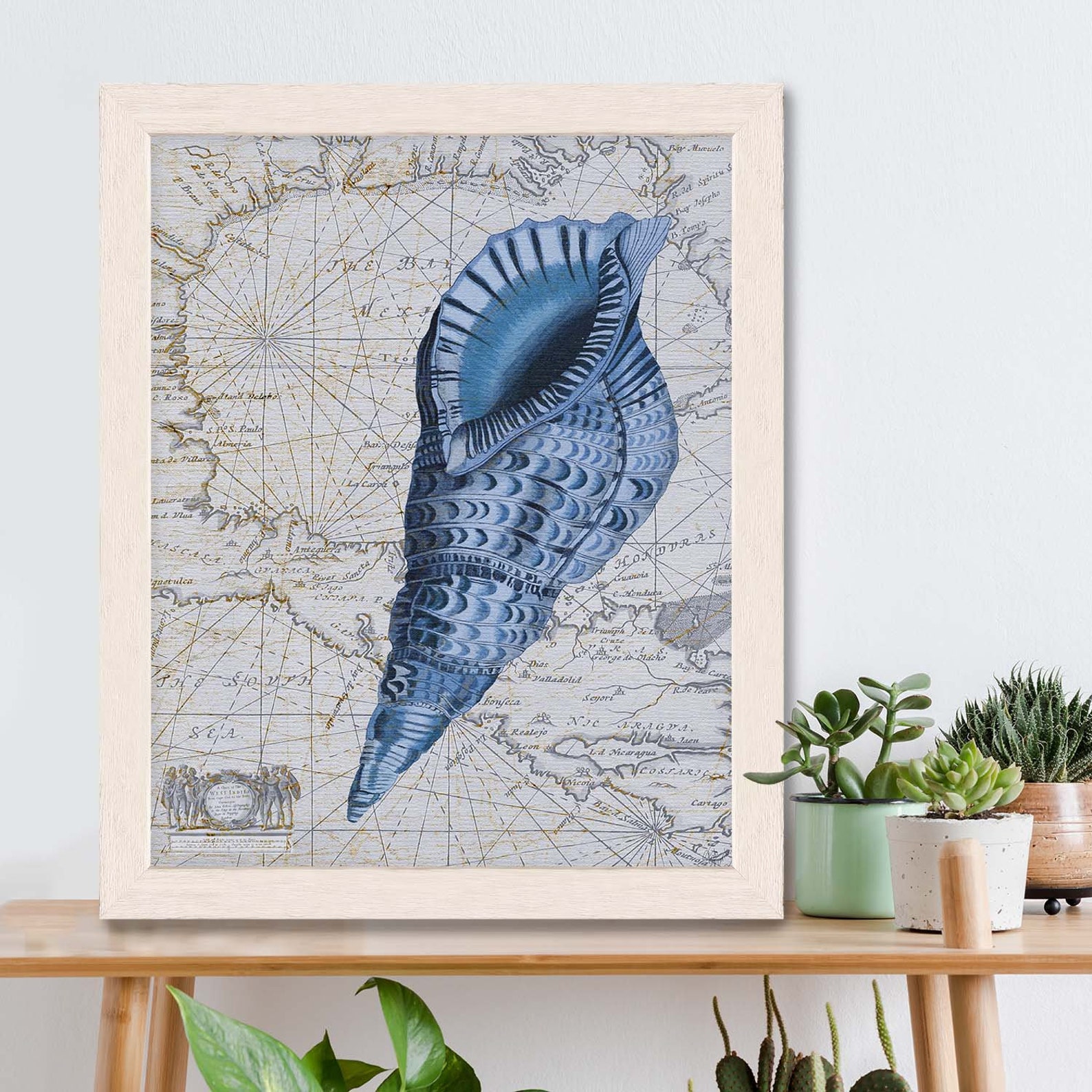 Blue Shell Print on Nautical Map 3 Sea Shell Print Nautical - Etsy