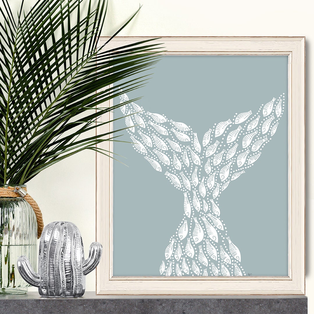 Fish Tail Poster, Little Fishes Print, Bathroom Wall Art Blue, Mermaid ...
