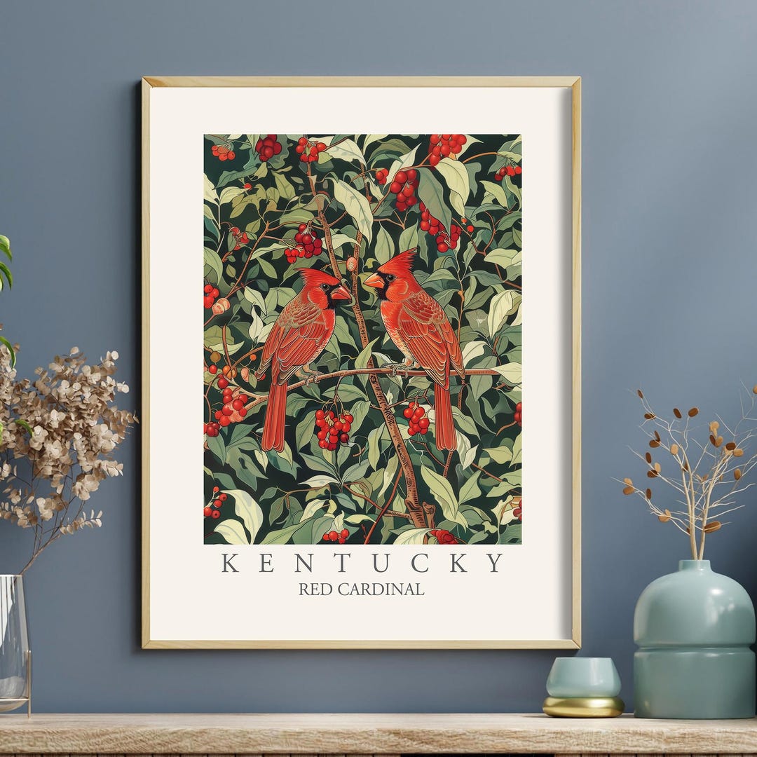 Red Cardinal Kentucky State Bird Art Print, William Morris Style Wall ...