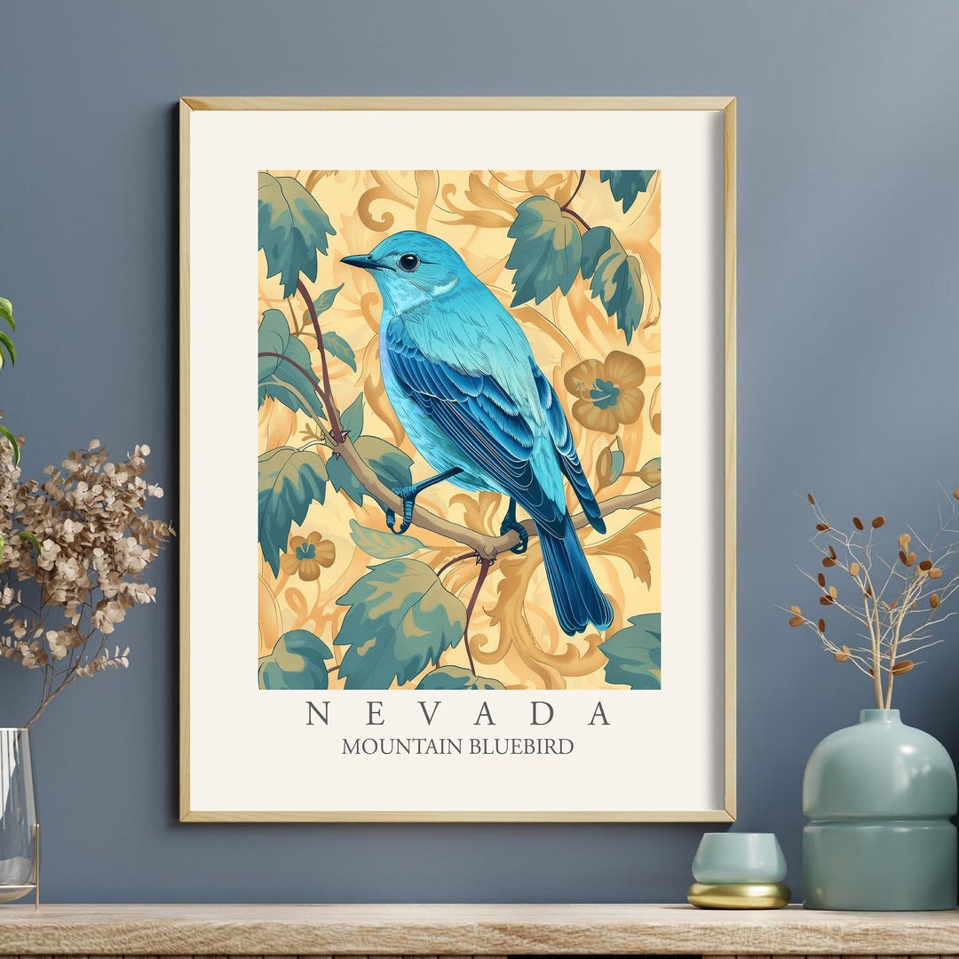 Mountain Bluebird Nevada State Bird Print, William Morris Style Vintage ...