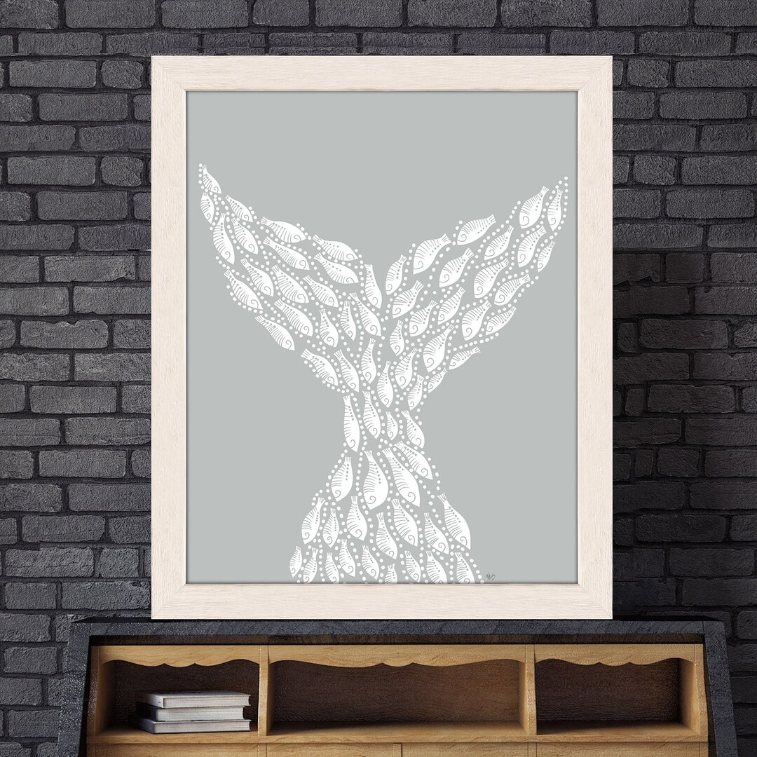 Fish Illustration, Fish Tail Print, Grey Wall Art, Bathroom Decor ...