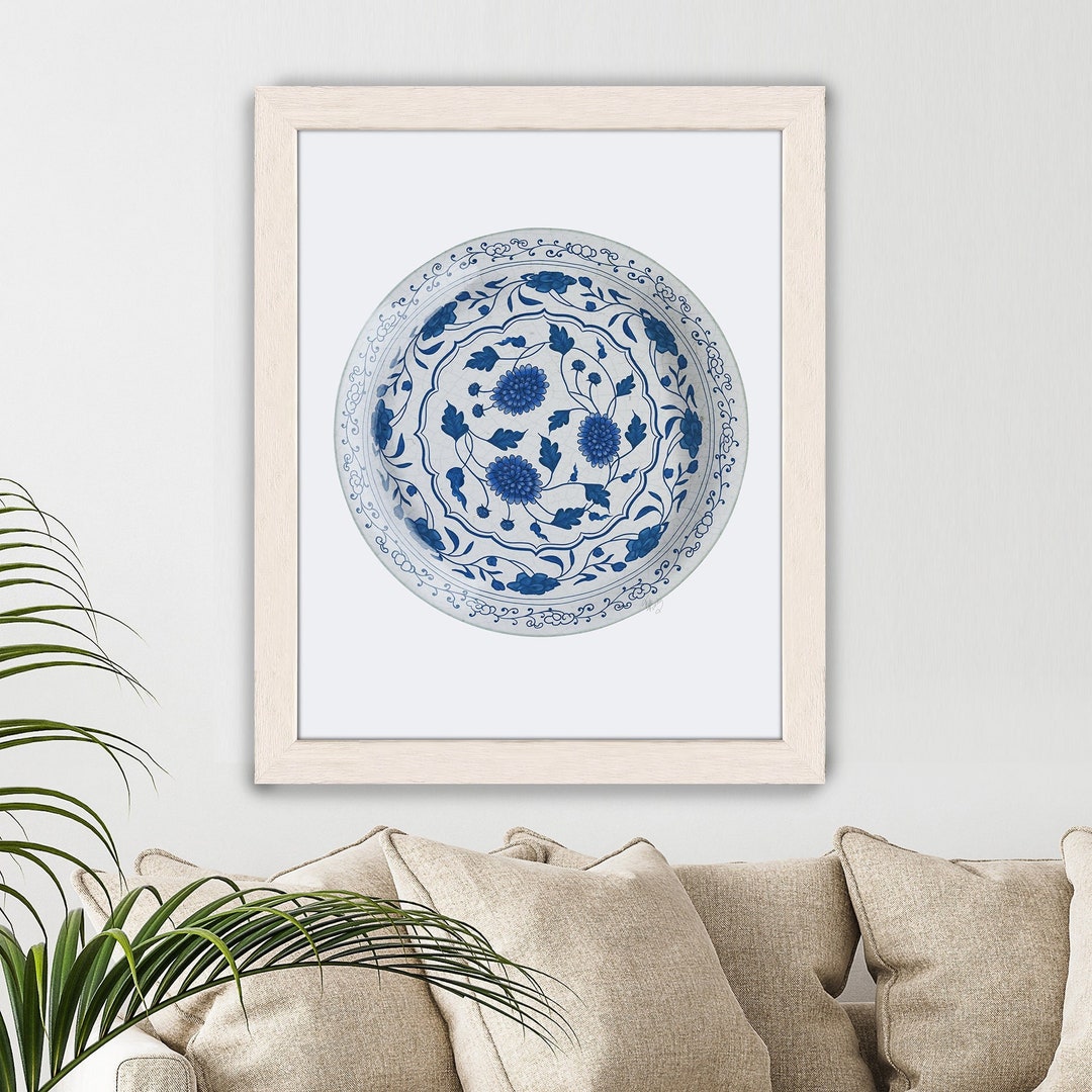 Chinoiserie Plate Print, Blue & White Porcelain Wall Art, Floral Plate ...