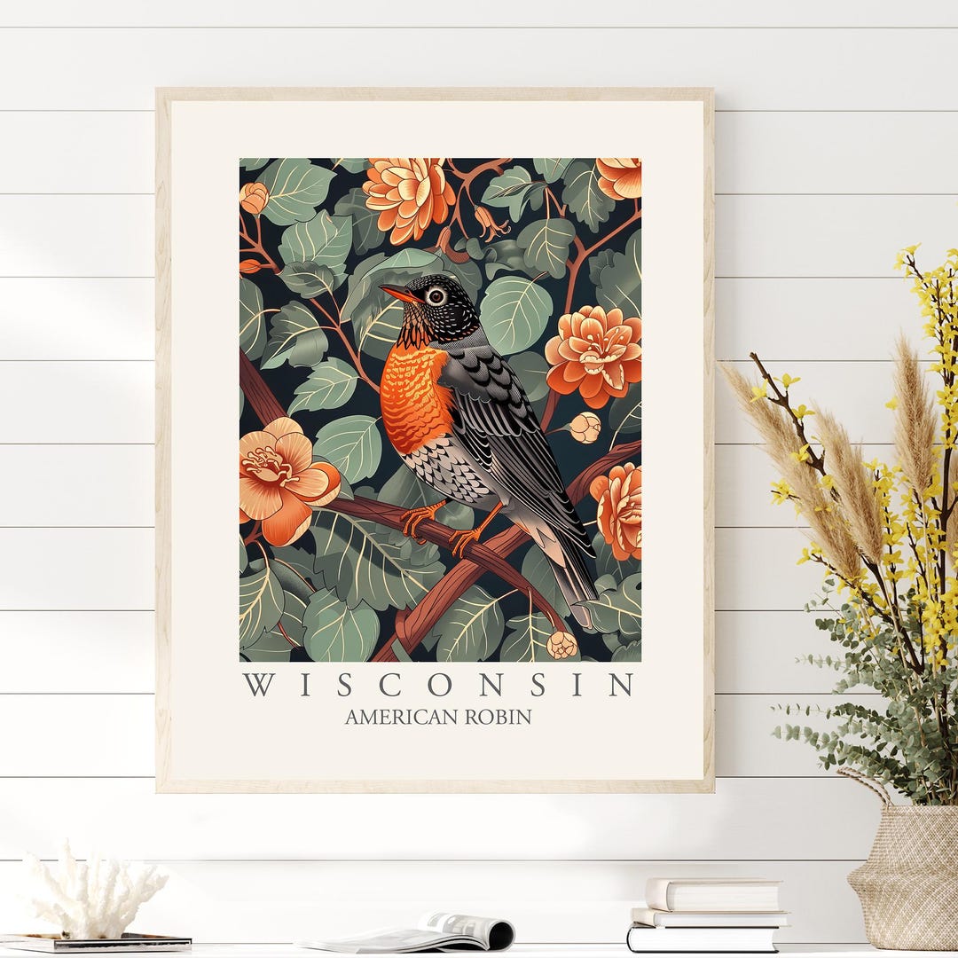 American Robin Wisconsin State Bird Art Print, William Morris Style ...