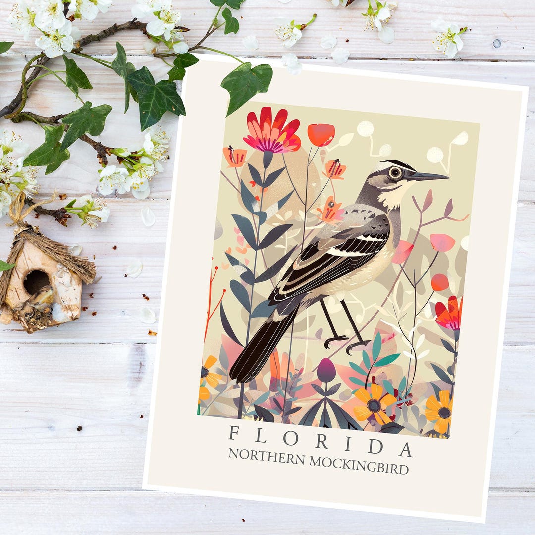 Northern Mockingbird Florida State Bird Print, Modern Abstract Style ...