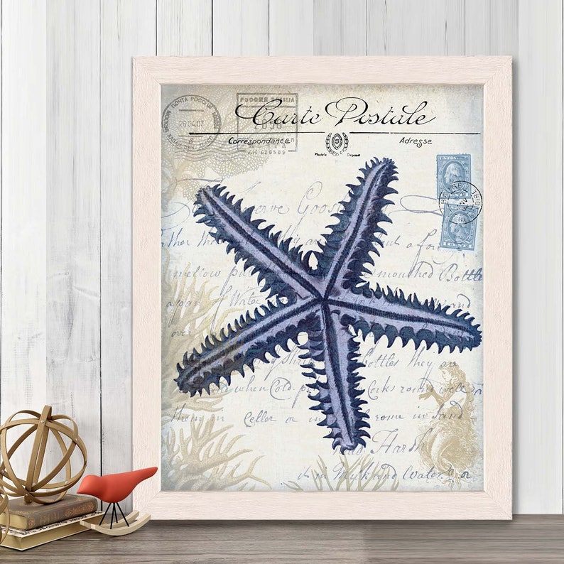 Blue Starfish Print Seaside Postcard Series French Decor | Etsy