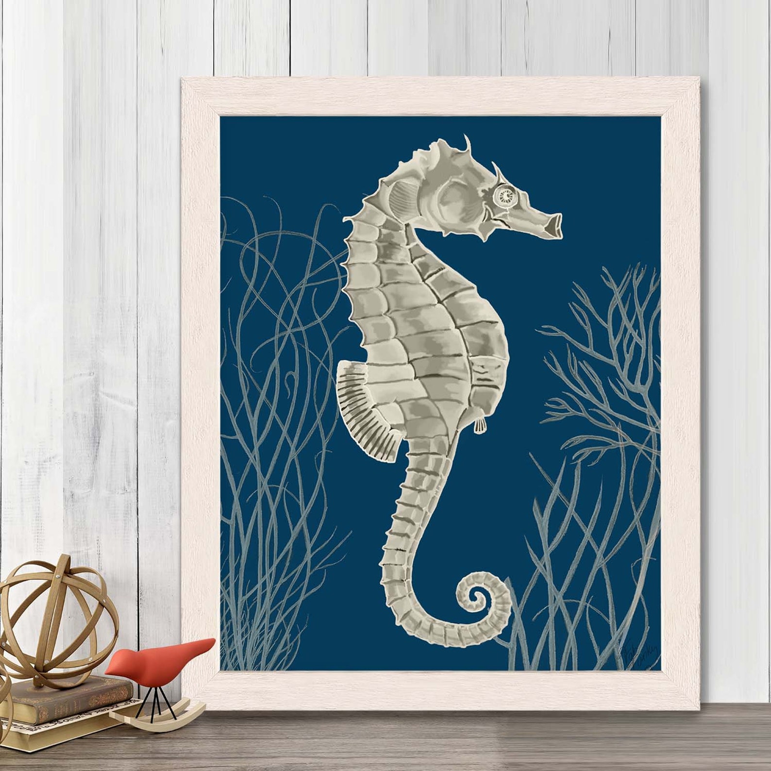 Seahorse Print Silvery Grey on Blue 1 Blue Nautical Print | Etsy