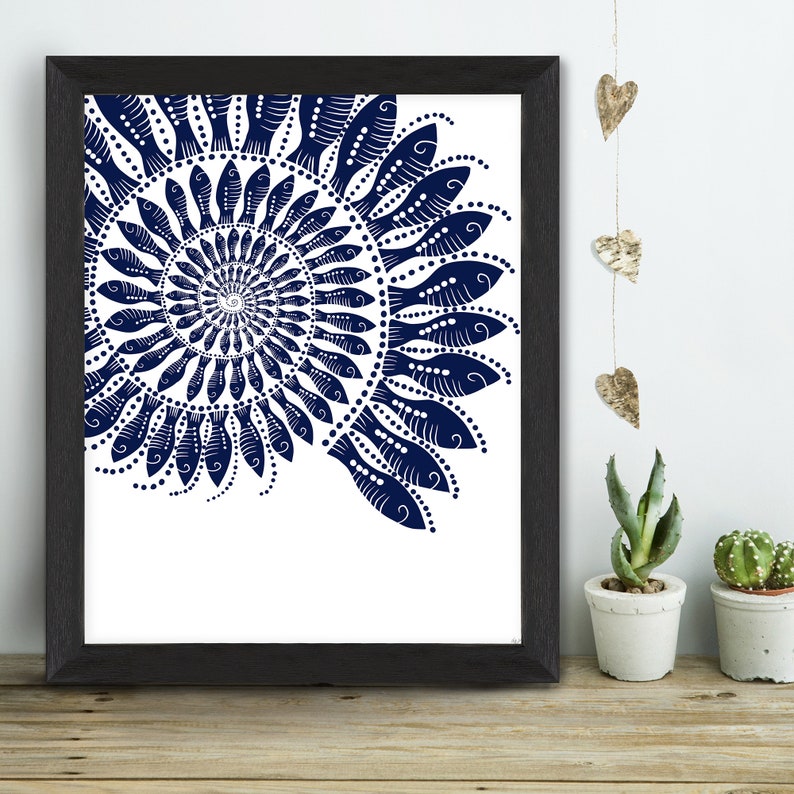 Blue Fish Art Print Shell Poster Art Fish Painting Blue - Etsy UK