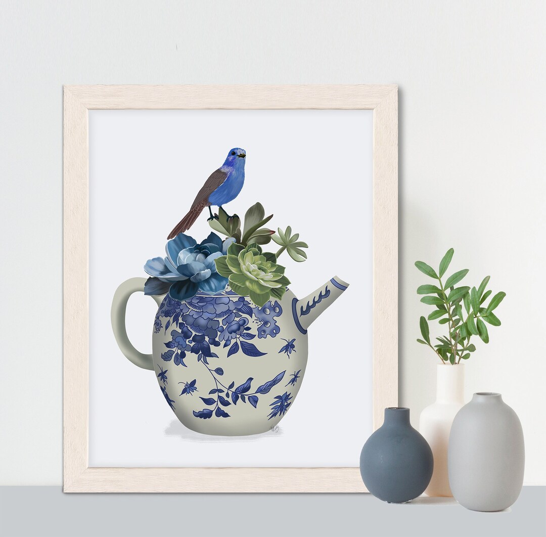 Blue Bird Chinoiserie Print, Blue and White Floral Chinese Jug Filled ...