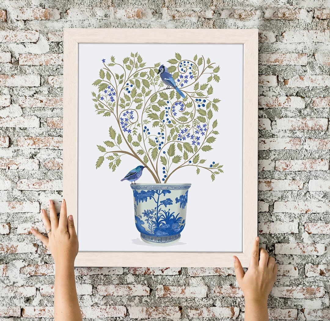 Blueberry Tree Chinoiserie Planter and Blue Birds, Framed Art, Unframed ...