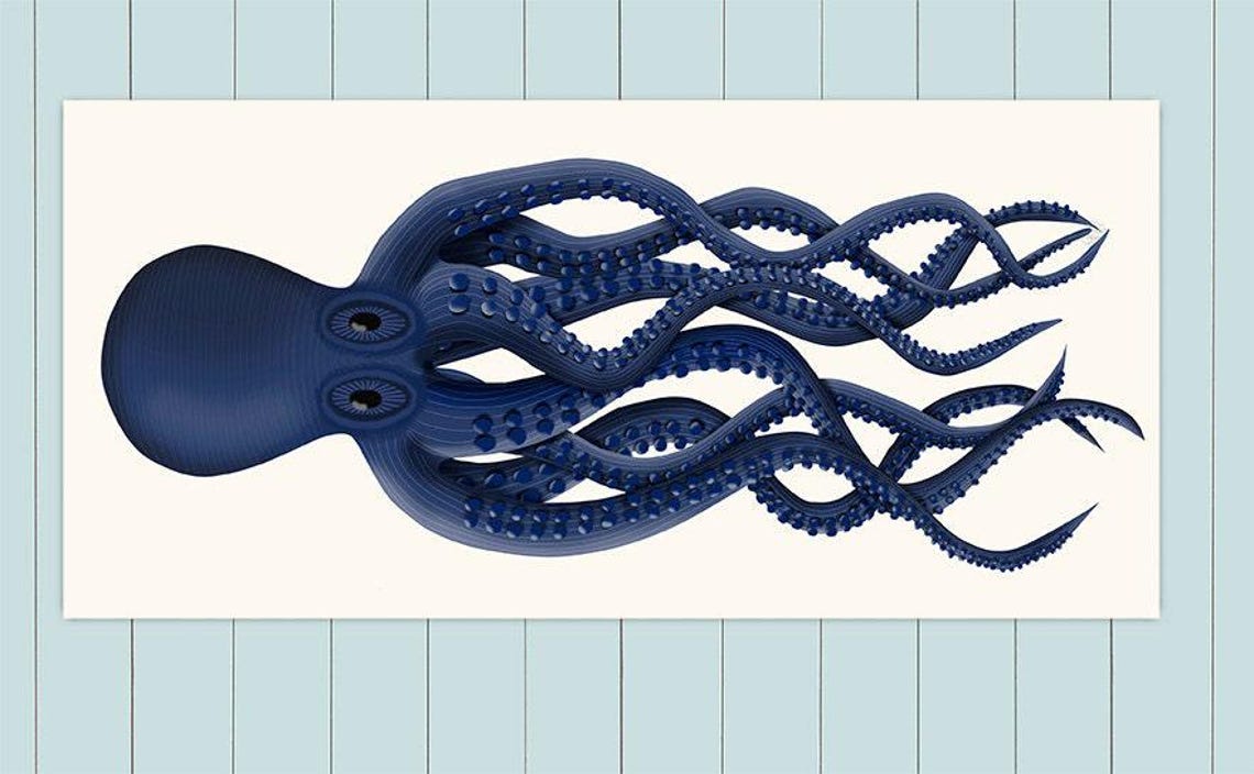 Large Octopus Poster - Giant Octopus in Blue Octopus Print 18x40inches ...