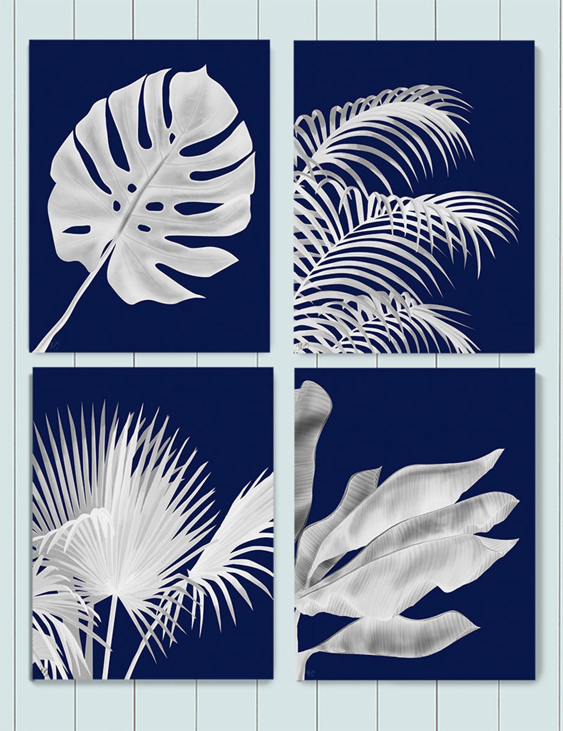 Tropical Prints Tropical Leaves 1 White on Blue Beach House - Etsy