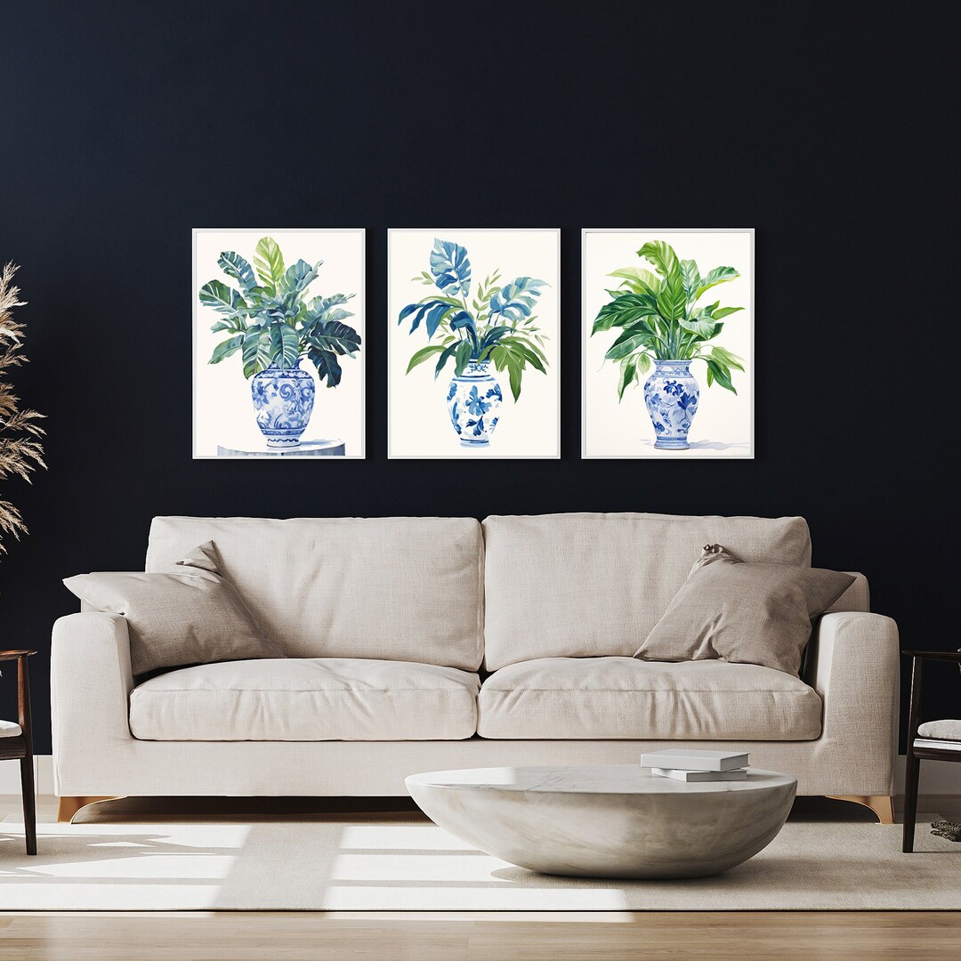 Chinoiserie Wall Art Set of 3 Blue and White Chinese Vases With Green ...