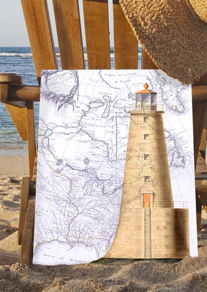 Lighthouse print on nautical map print lighthouse painting | Etsy
