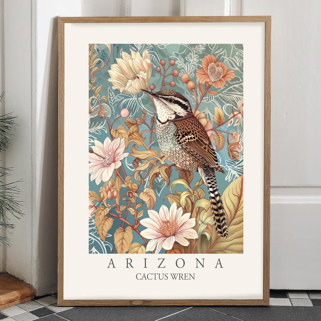 Cactus Wren Arizona State Bird Print, William Morris Style Wall Art ...