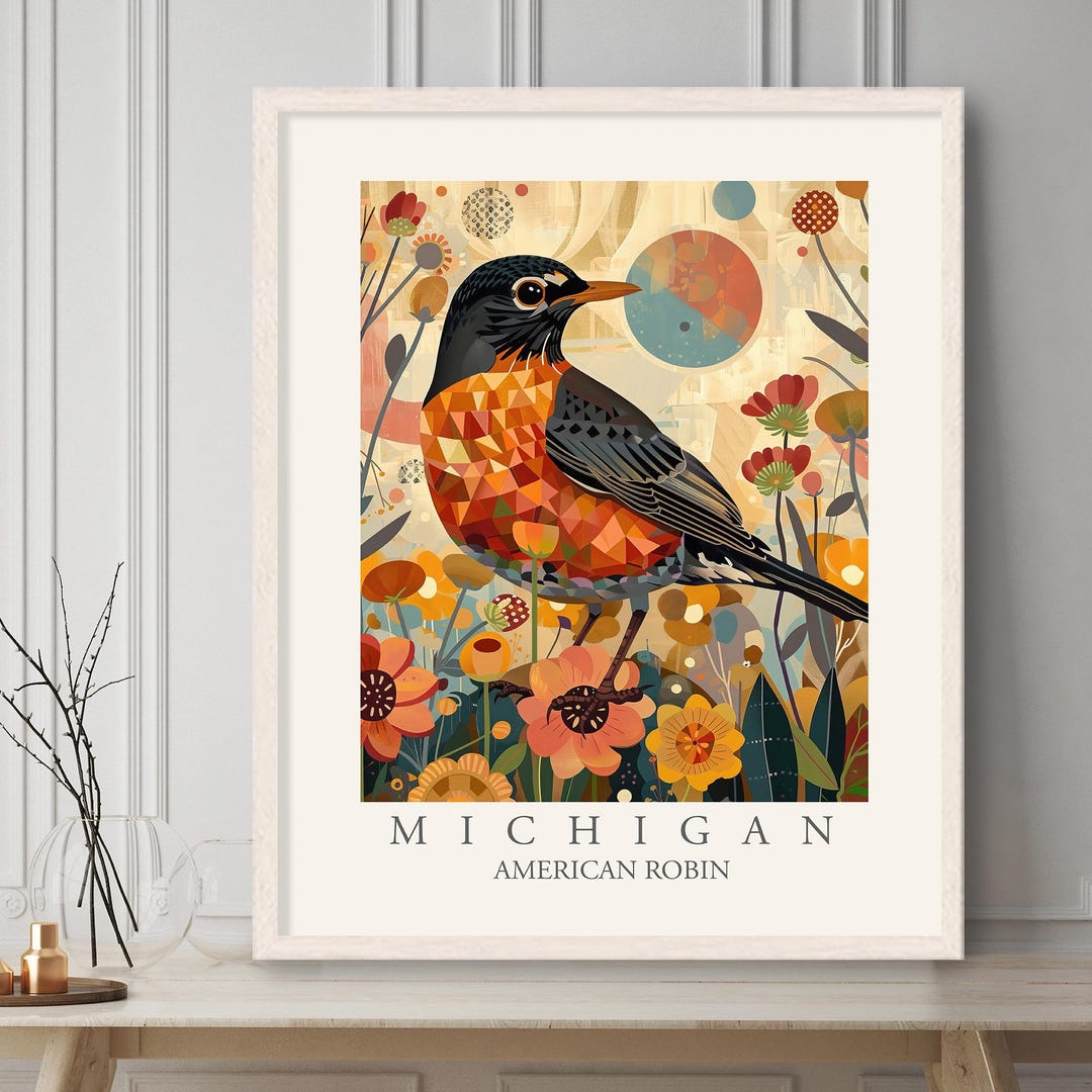 American Robin Michigan State Bird Print, Modern Abstract Style Wall ...