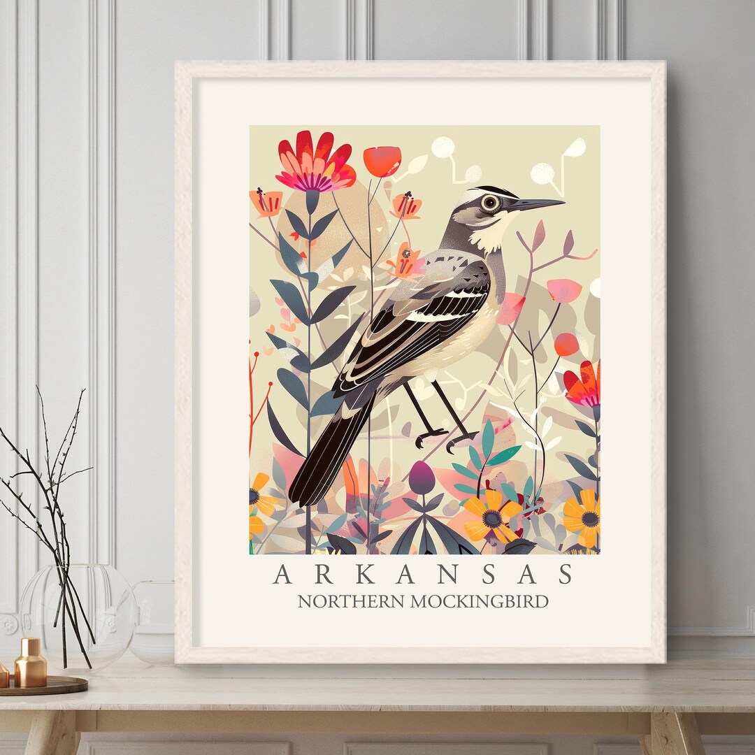 Northern Mockingbird Arkansas State Bird Print, Modern Abstract Style ...