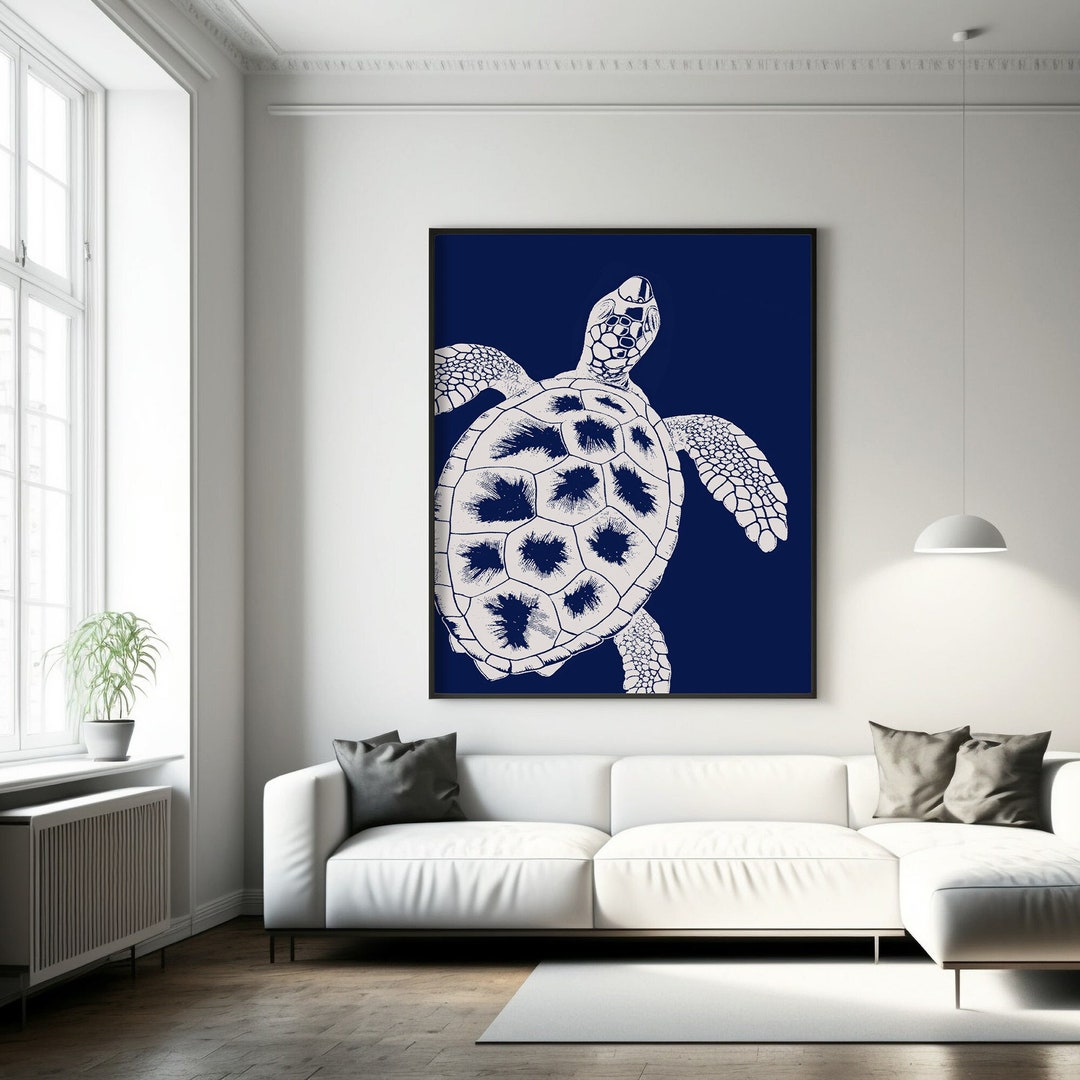 Navy Blue Sea Turtle Minimalist Print, Underwater Reptile Wall Art for ...