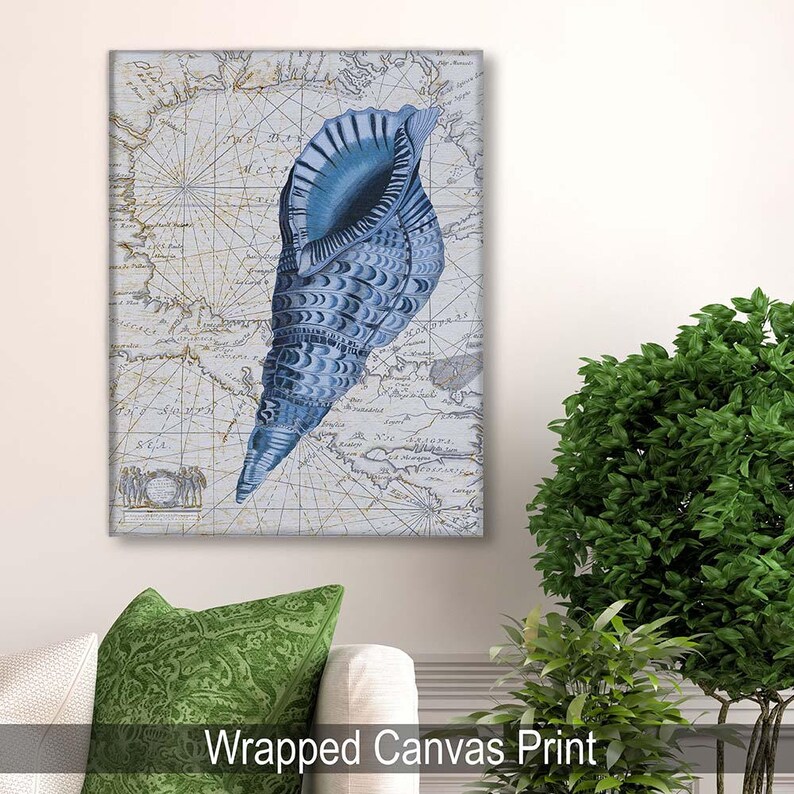 Blue Shell Print on Nautical Map 3 Sea Shell Print Nautical - Etsy