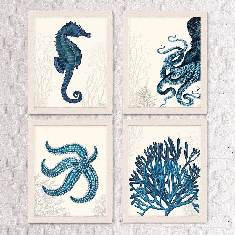 Nautical Bathroom wall art Set of 4 blue nautical art prints | Etsy