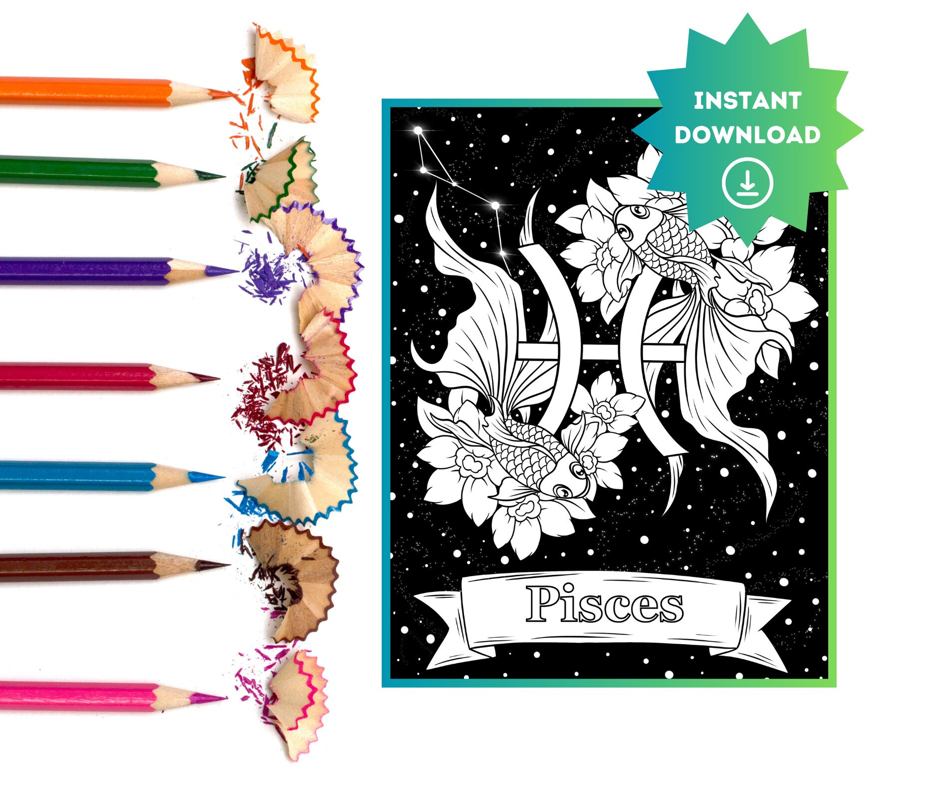 Pisces Zodiac Coloring Page, Zodiac Therapy, Zodiac, Digital Download ...
