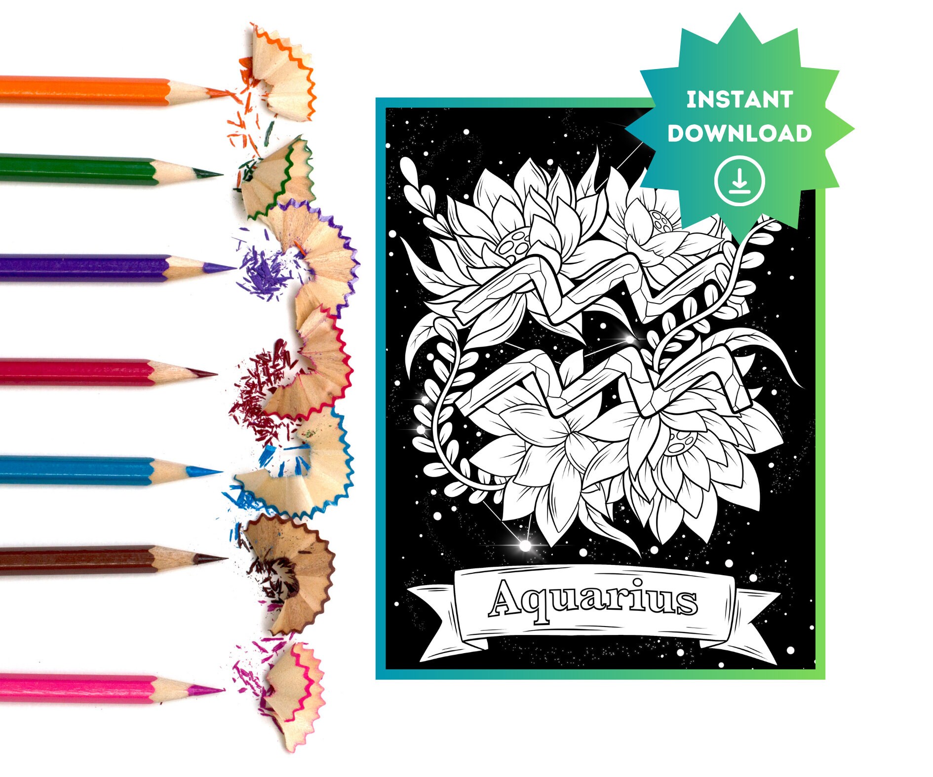 Aquarius Zodiac Coloring Page, Zodiac Therapy, Zodiac, Digital Download ...