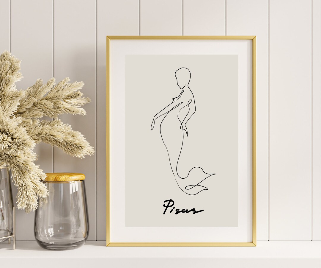 Pisces Line Art, Zodiac Woman Silhouette, Astrology Decor, Elegant Wall ...