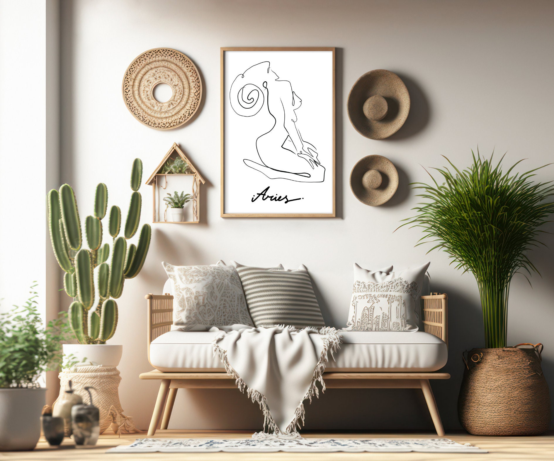 Aries Line Art, Zodiac Woman Silhouette, Astrology Decor, Elegant Wall ...