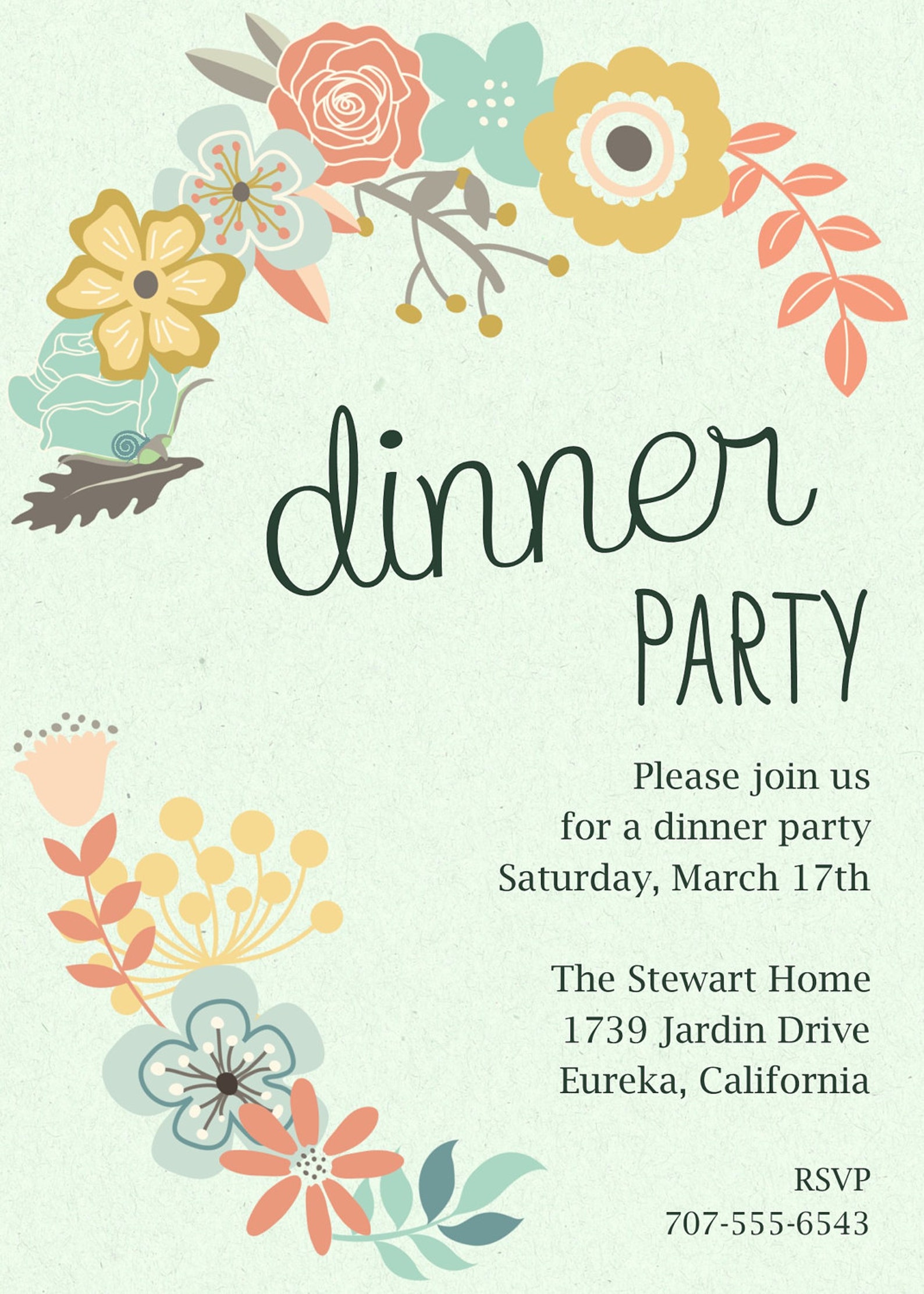 Dinner Party Invitation 7"x5" Foliage and Floral | Dinner Invite ...