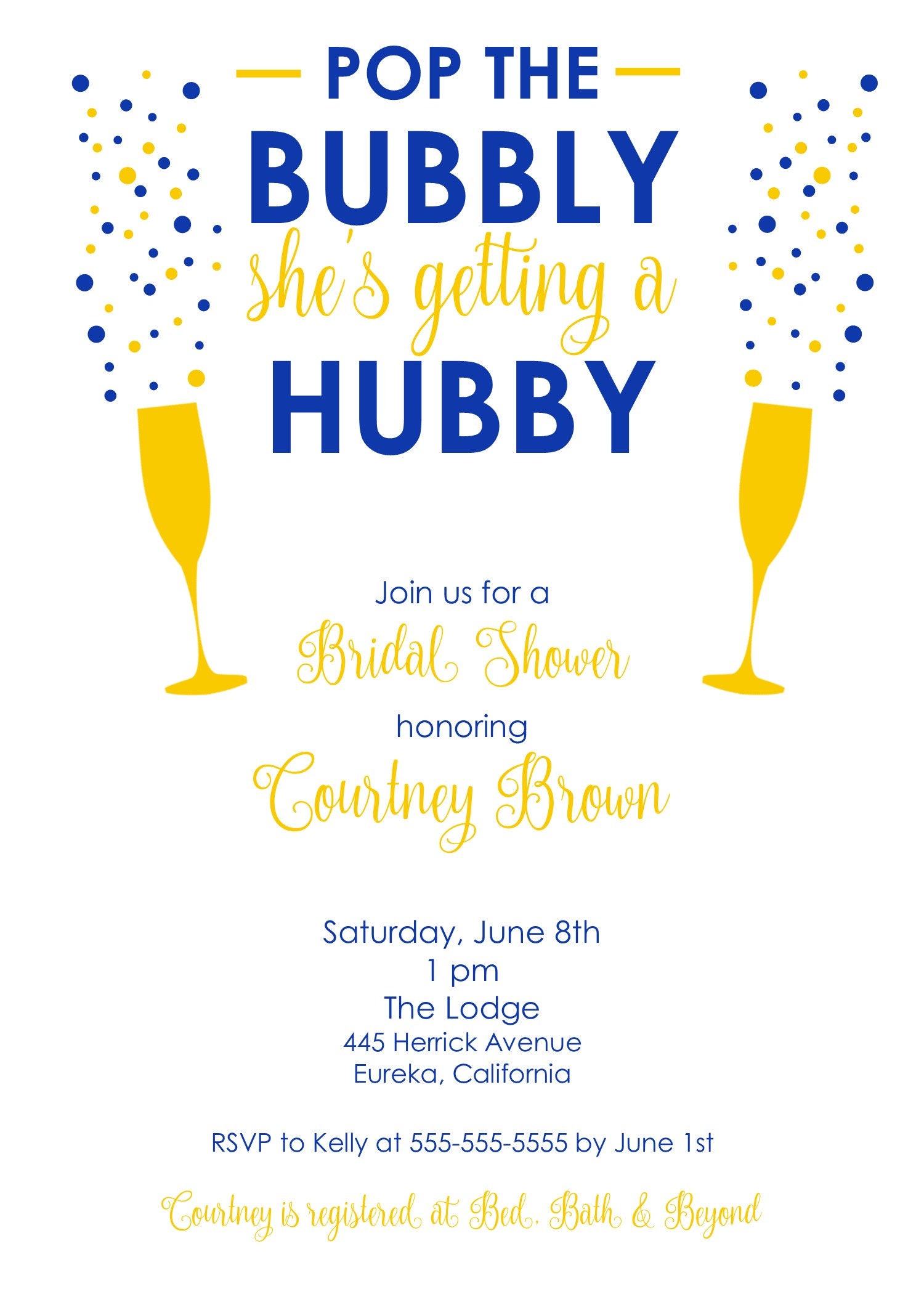 Bridal Shower Invitation 5”x7” Pop the Bubbly She's Geting a Hubby ...